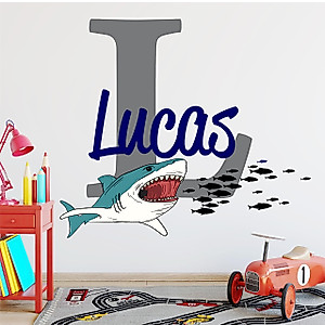 Boys Nursery Great White Shark Bite! Personalized Custom Name and Initial Vinyl Wall Decal, Decor Wall Stickers (Medium)