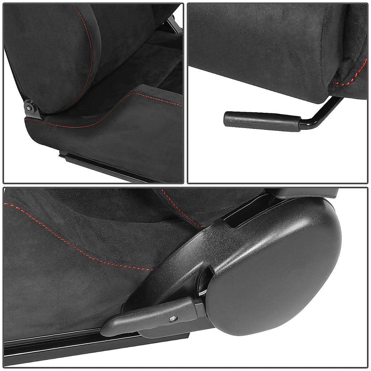 J2 Engineering J2-RS-003-BK Red Stitching Alcantara Reclinable Back Rest Racing Bucket Seats for 4 Point Harness, 38" H X 21" W X 23" D, 1 Pair