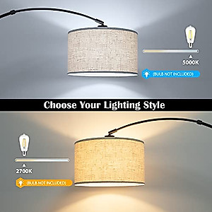 Arc Floor Lamp with Unique Hanging Drum Shade for Living Room - Marble Modern Standing Lamps Adjustable Height, Contemporary Over the Couch Hanging Arching Tall Stand Up Light for Bedroom Office Black