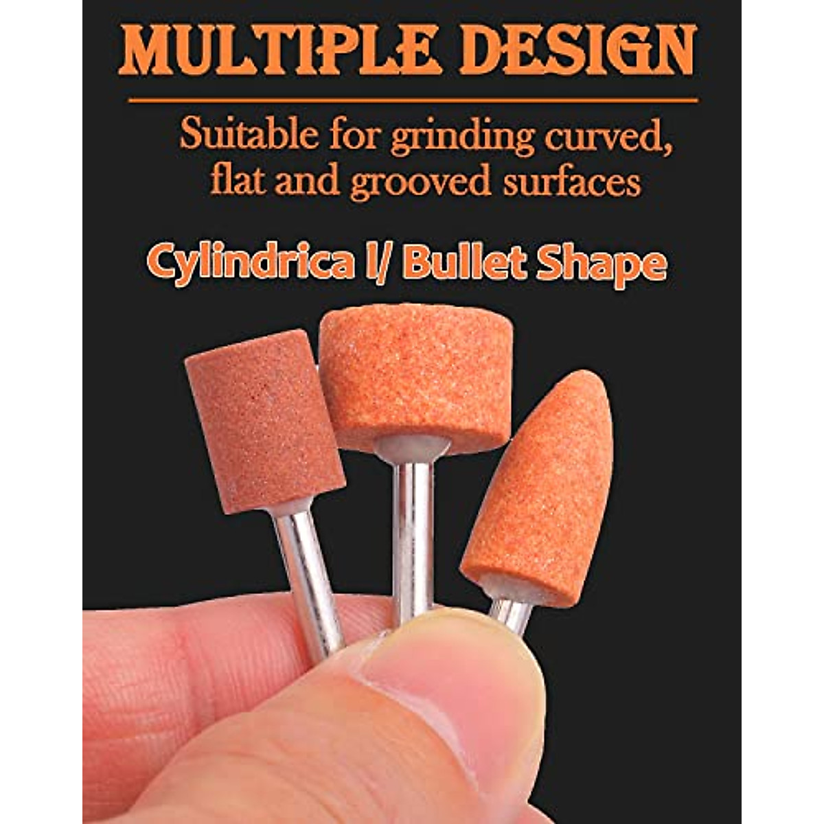 SHITIME 60 Pack Grinding Stone Set 1/8" Shank, Sanding Drill Bit for Rotary Tool Flap Wheel for Grinding, Polishing, Deburring Ferrous Metal, 2 Shaped and 3 Sizes(Orangage, Aluminum Oxide)