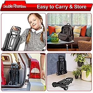 Double Rhombus Folding Hand Truck Lightweight Portable Cart, 110 lbs/50kg Capacity Heavy Duty Utility Cart with Telescoping Handle, 2 Rubber Wheels, Bungee Cord for Luggage, Shopping, Moving Daily Use