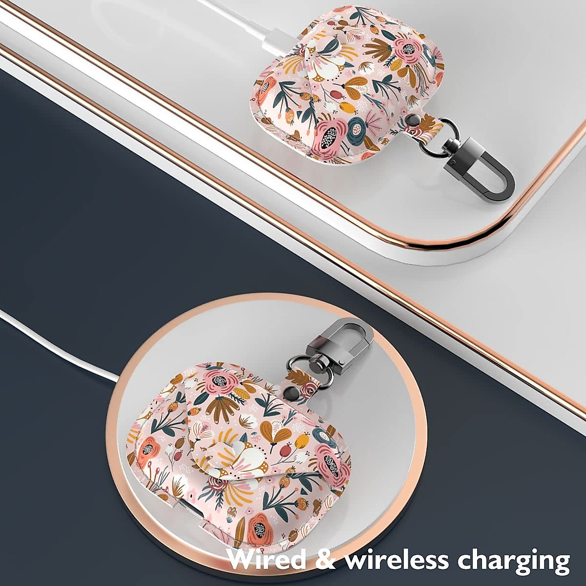 TATOFY Leather Case Cover for AirPods Pro, Stylish Leather Case for Women Girls, Flower Patterns with Secure Snap Closure Clip, Support Wireless Charging (Cyan)