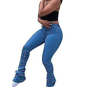Women's Skinny Jeans Classic High Rise Stretch Bootcut Stacked Pull-On Denim Pants Long Trouser C-Blue