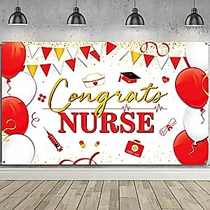 Nurse Graduation Party Banner Large Gold Red Nurse Theme Congrats Nurse Backdrop Photo Prop Background with Rope for Nurse Graduation Party Indoor Outdoor Decor Supplies, 72.8 x 43.3 Inch