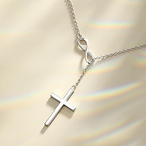 FANCIME White Gold Plated 925 Sterling Silver High Polished Infinity Cross Pendant Lariat Necklace Y Necklace Gift for Women, 18"
