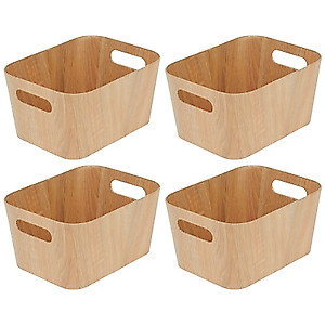 mDesign Wood Print Food Bin Box with Handles - Rustic Basket for Kitchen and Pantry Vegetable and Potato Storage - Perfect for Garlic, Onions, Fruit, and More - 12" Long - 4 Pack - Natural