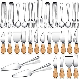 60 Pieces Cheese Knife Set Butter Spreader Knife Stainless Steel Spatula Charcuterie Board Accessories Utensils with Wooden Handles Mini Serving Tongs Spoons Forks for Birthday Wedding Christmas