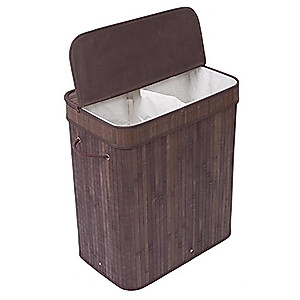 BIRDROCK HOME Double Laundry Hamper with Lid and Cloth Liner - Bamboo - Espresso - Easily Transport Laundry Basket - 2 Section Collapsible Hamper - String Handles