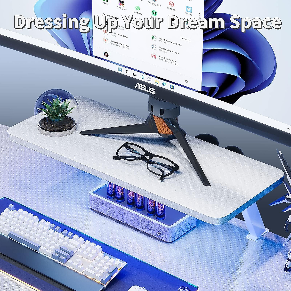 MOTPK White Gaming Desk with LED Lights, Carbon Fiber L Shaped Gaming Desk, Corner Gaming Desk L shape, Gamer Desk Gaming Table with Monitor Stand & Cup Holder & Headphone Hook, 51 Inch, Gift Ideas