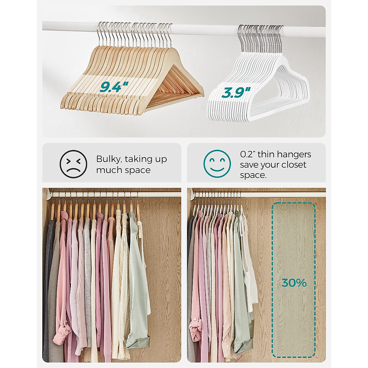 SONGMICS Rubber-Coated Plastic Hangers, 50 Pack Non-Slip Coat Hangers, Space-Saving Slim Clothes Hangers, 360 Degree Swivel Hooks, Shoulder Notches, White UCRP008W05