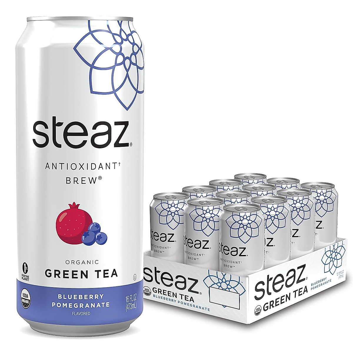 Steaz Organic Lightly Sweetened Iced Green Tea, Blueberry Pomegranate, 16 OZ (Pack of 12)