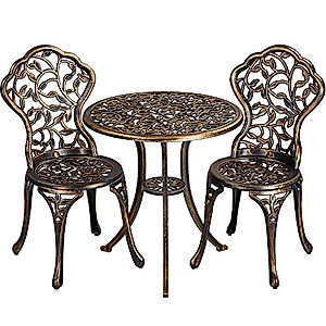 Topeakmart 3 Piece Bistro Set, Garden Round Table w/Chairs Set of 2, Antique Outdoor Patio Furniture Weather Resistant, Rose Design