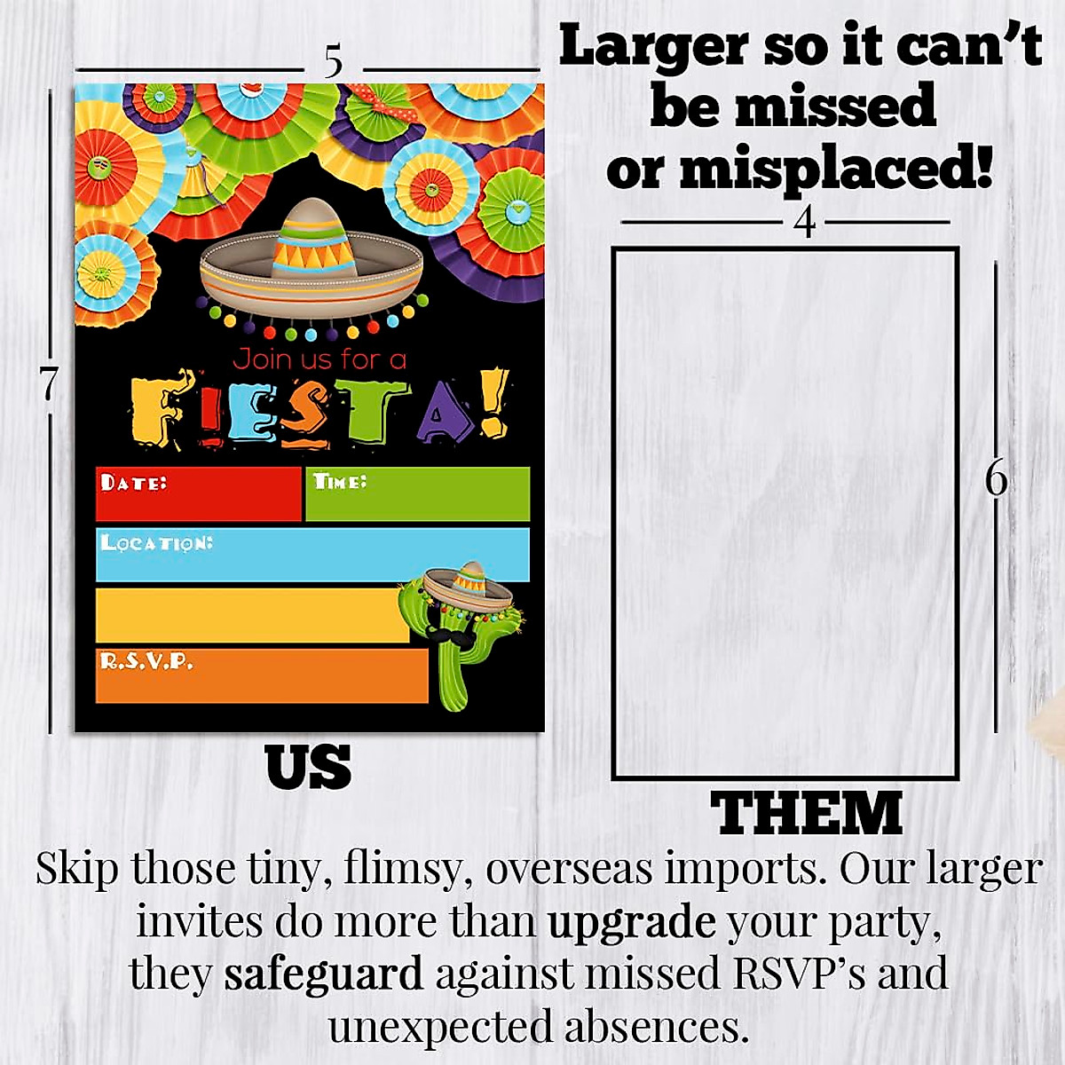 Fiesta Mexican Themed Party Invitations for Birthday Celebration, Retirement, or Cinco De Mayo, 20 5x7 Fill In Cards with Twenty White Envelopes by AmandaCreation