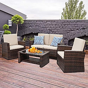 Walsunny Quality Outdoor Living,Outdoor Patio Furniture Sets,4 Piece Conversation Set Wicker Ratten Sectional Sofa with Seat Cushions (Brown)