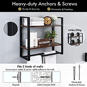 KES Bathroom Shelf with Bar Wall Mounted, 2-Tier Industrial Wooded Rustic Wall Shelf Over Toilet Rack with Double Adjustable Bar Floating Shelves 23.6-inch Metal Black, BTR500S60-BK