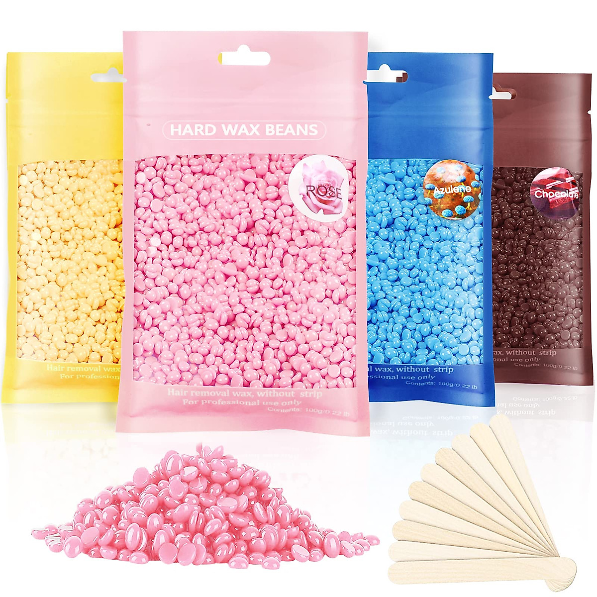 Hard Wax Beads, Professional Wax Beads for Hair Removal 400g Hair Wax with 10 Pcs Wood Sticks for Full Body Brazilian Bikini Face Legs Eyebrow Painless at Home for Woman Men