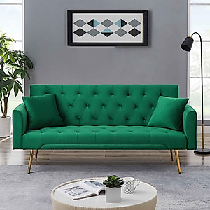 STELSIPLIY 72" Velvet Futon Sofa Bed with Metal Legs&2 Pillows, Modern Sleeper Sofa Couch, Upholstered Convertible Loveseat with Adjustable Backrest, Living Seat for Home Office Apartment,Green