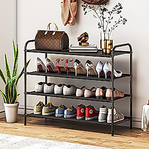 Wisdom Star 4 Tier Stackable Shoe Rack Organizer Storage, Adjustable Fabric Shoe Shelf for Closet Closet Hallway Bedroom Entryway, Black