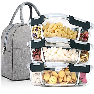 DAS TRUST 3 Pack Bento Box Glass Meal Prep Containers 3 Compartments Glass Food Storage Containers with Lids Meal Prep Bowls Lunch Box Glass Food Prep Containers Lunch Container Oven Safe