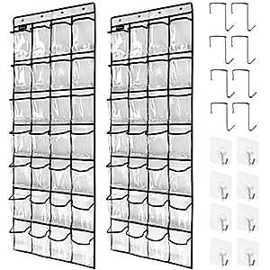 TidyMaster 28 Large 2 Pack Transparent Pockets Over The Door Shoe Organizer Sturdy Hanging Shoe Rack for Door Closet Sneakers or Accessories, 8 hooks（White）