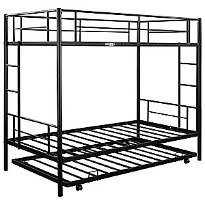 Metal Bunk Bed with Trundle Twin Over Twin Modern Bunk Beds with Slats Heavy Duty Bunkbed Frame for Adults,Teens,Boys and Girls. (Black)
