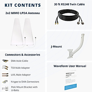 Waveform 2x2 MIMO Log Periodic Outdoor Antenna Kit | for T-Mobile, AT&T, & Verizon 4G LTE & 5G Cellular Modems, Routers, Gateways & Hotspots | Kit w/ 30ft RS240 SMA Cable, U.FL & TS9 Adapters