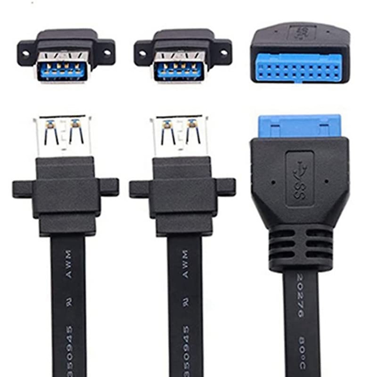 Toptekits 2 Port USB 3.0 A Female Screw Panel Mount to Motherboard 20 Pin Flat Cable Cord, 1.6ft/0.5m