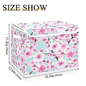 Kigai Cute Flowers Pink Storage Basket with Lid Collapsible Storage Bin Fabric Box Closet Organizer for Home Bedroom Office 1 Pack