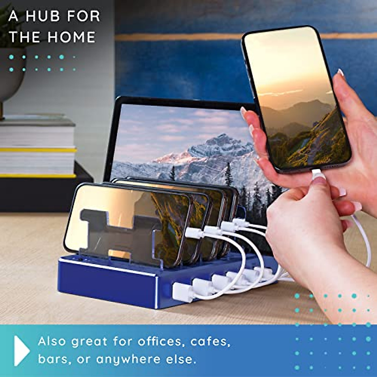 Hercules Tuff Charging Station for Multiple Devices - 6 Ports - (4) iOS Compatible, (1) USB-C & (1) Micro USB Cable for Cell Phones, Smart Phones, Tablets, and Electronics, Blue