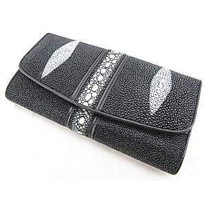 PELGIO Genuine Row Diamond Stingray Skin Leather Women's Trifold Clutch Wallet Black