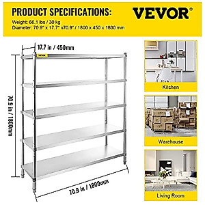 VEVOR Storage Shelf, 5-Tier Storage Shelving Unit, Stainless Steel Garage Shelf, 70.9 x 17.7 x 70.9 inch Heavy Duty Storage Shelving, 1650 Lbs Total Capacity with Adjustable Height