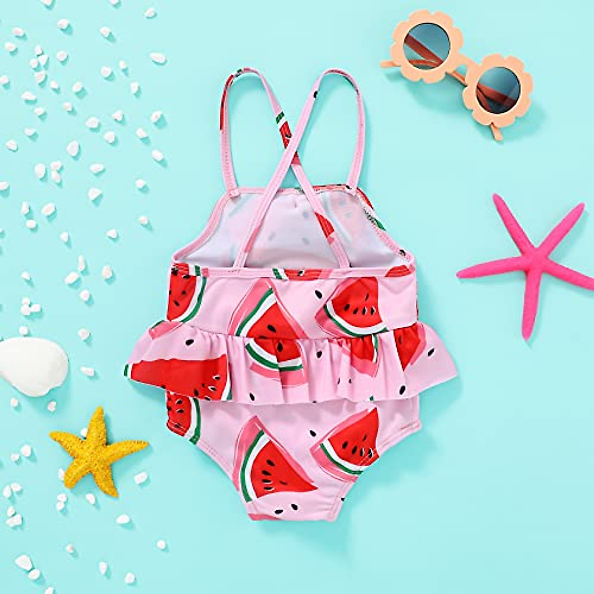 Infant Baby Girl Swimsuit Leopard Backless Swimwear Girl One Piece Halter Ruffle Watermelon Bathing Suit (Watermelon, 70, 3_Months)