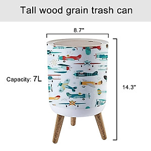 KCDCYCZEAL Small Trash Can with Lid Airplanes Boys Round Recycle Bin Press Top Dog Proof Wastebasket for Kitchen Bathroom Bedroom Office 7L/1.8 Gallon
