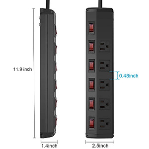 5 Outlet Power Strip with Individual Switches,Heavy Duty Metal Power Strip 5 Individual Switches and 1 Master Switch,300J Surge Protector,6ft 14AWG Cable