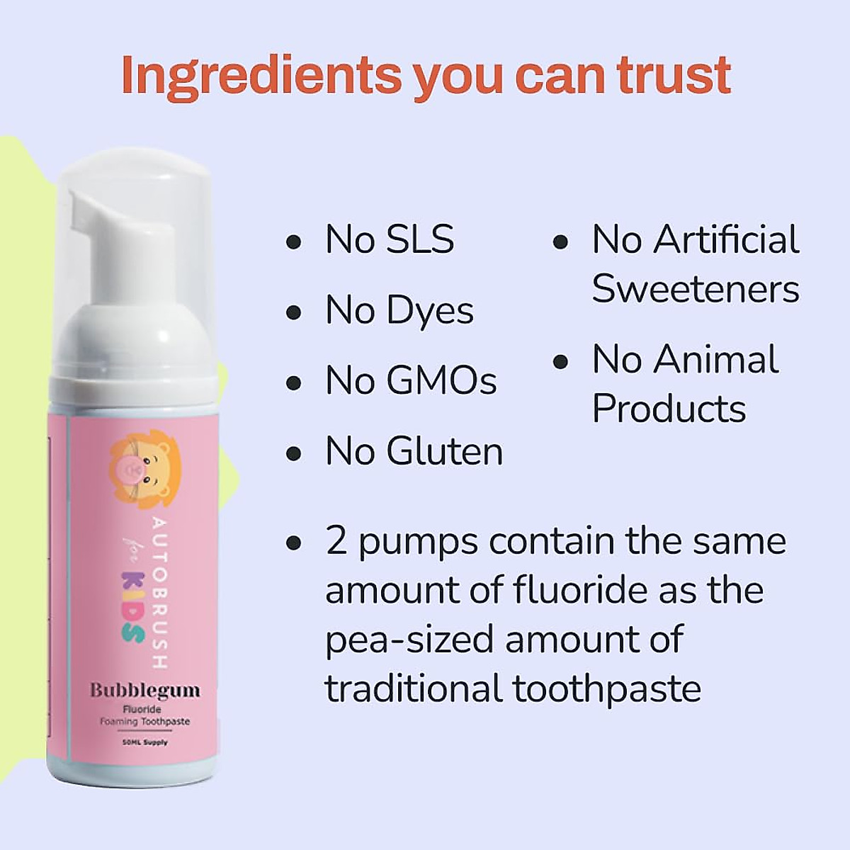 autobrush Kids Fluoride Foaming Toothpaste Bubblegum Flavor for Electric or U-Shaped Toothbrush, SLS-Free, Training Toothpaste, Anti-Cavity, Travel Friendly (2 Pack)