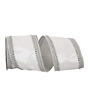 Reliant Ribbon 93440W-981-10D Plush Velvet Jewel Trim Wired Edge Ribbon, 4 Inch X 5 Yards, White/Silver