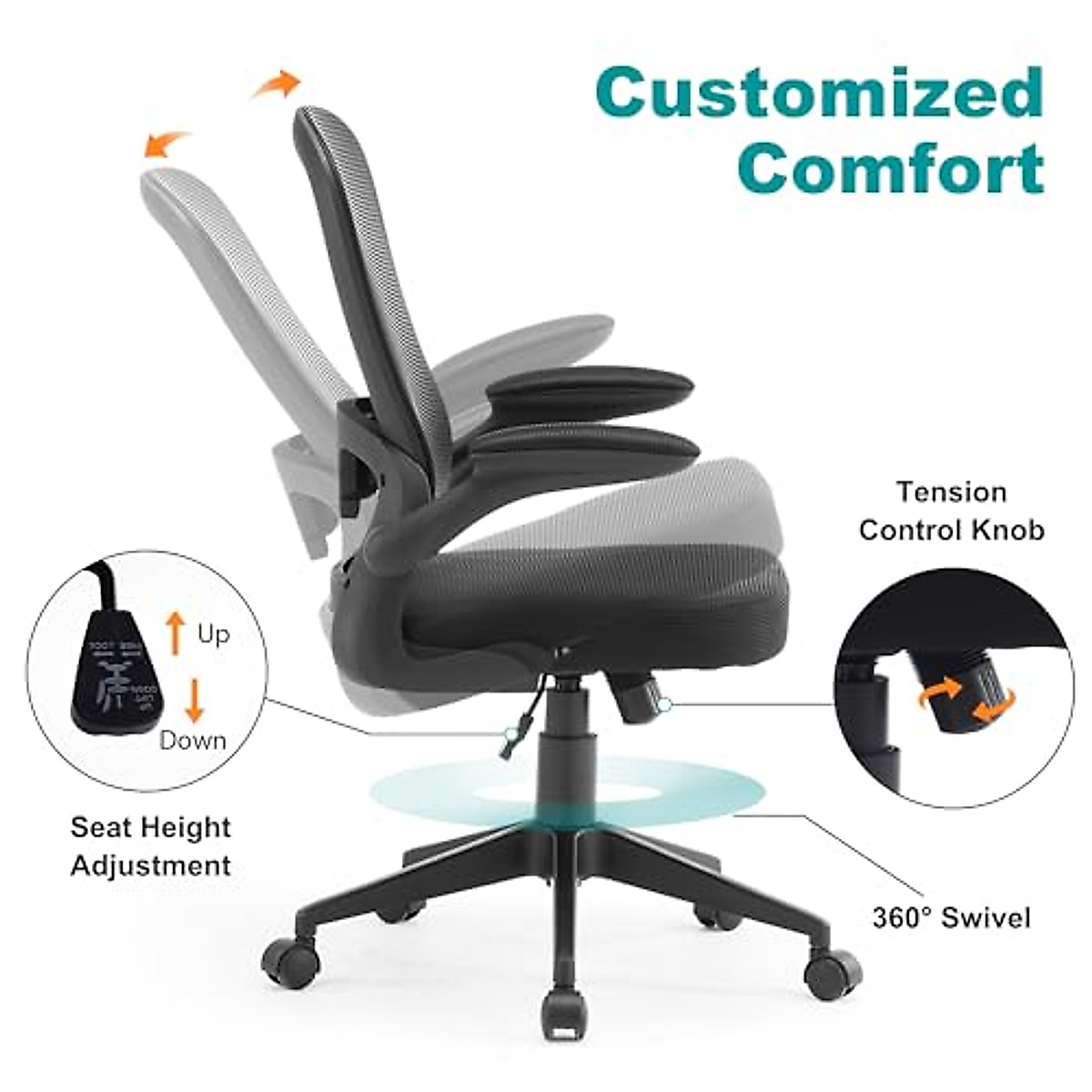 HMeeZnn Ergonomic Office Chair, Desk Chairs with Wheels Mesh Computer Chair Mid Back Swivel Chair with Adjustable Armrest Lumbar Support for Home Office Executive Work Study, Black