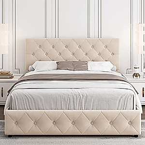 Queen Bed Frame with Storage and Adjustable Headboard, Bed Frame with 4 Drawers and Wooden Slats Support, No Box Spring Needed, PU, Beige