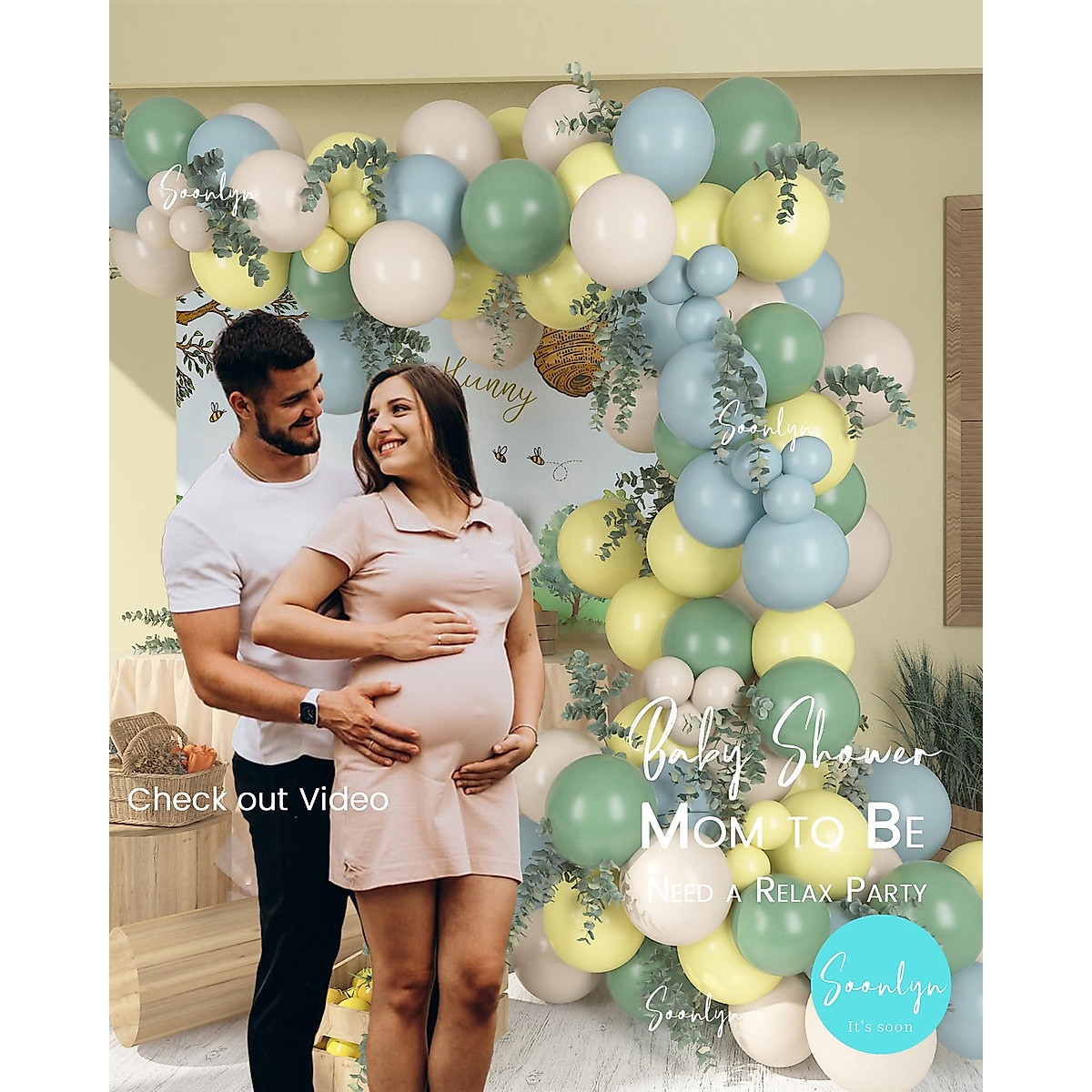 Soonlyn The Baby Shower Decorations, 13Ft Sage Green Balloon Arch Kit 12In Yellow Dusty Blue White Sand Balloons for Birthday Party Decorations