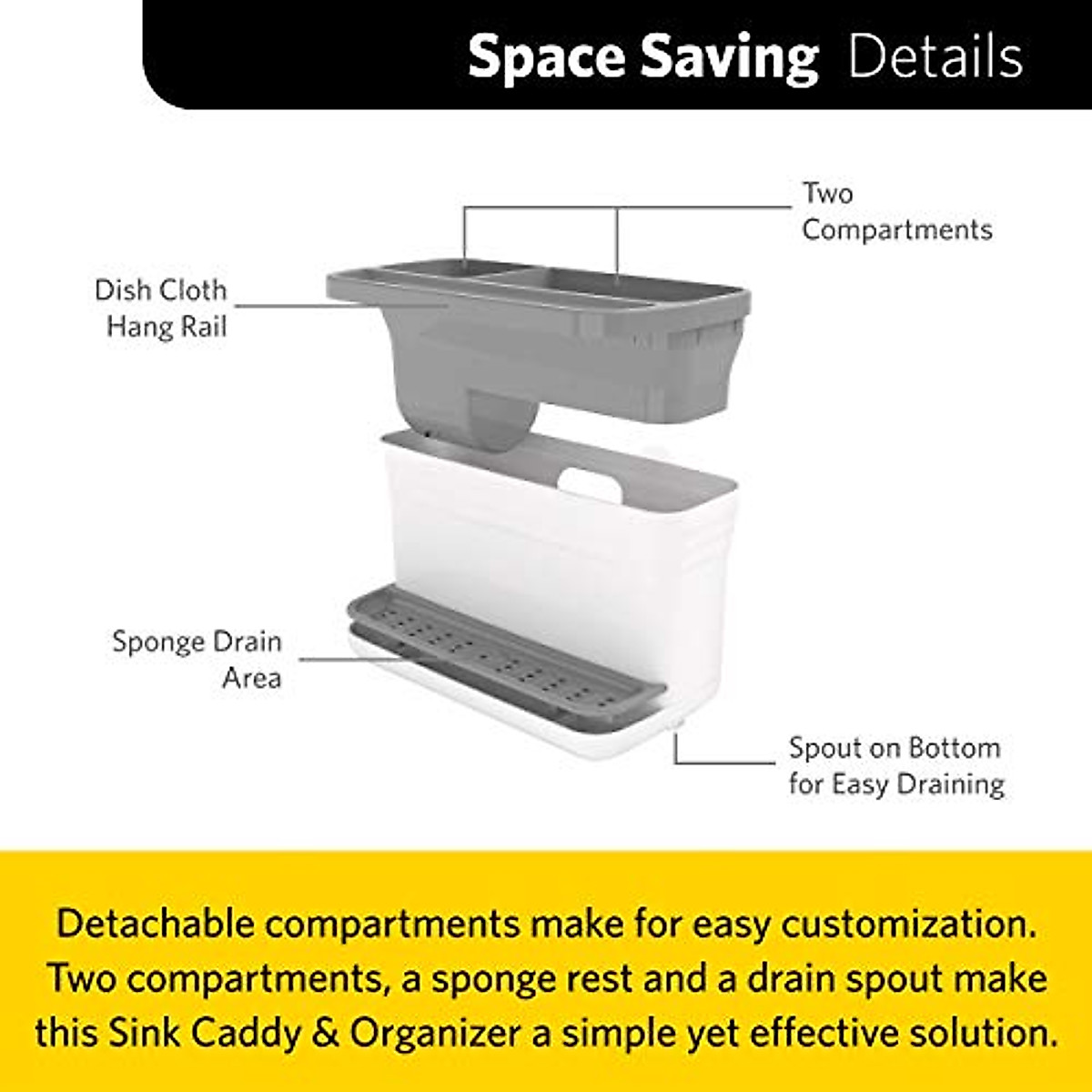Glad Kitchen Sink Organizer Caddy with 2 Compartments | Sponge Holder for Soap, Scrubber Brush, and Dish Cloth | Drain Holes and Pour Spout Keeps Countertop Dry