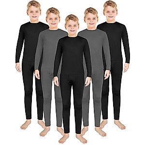 Silkfly 5 Set Boys Thermal Underwear Soft Fleece Lined Long Underwear Kids Base Layer Top Bottom Warm Set for Winter Skiing (Classic Black, Classic Gray, Medium)