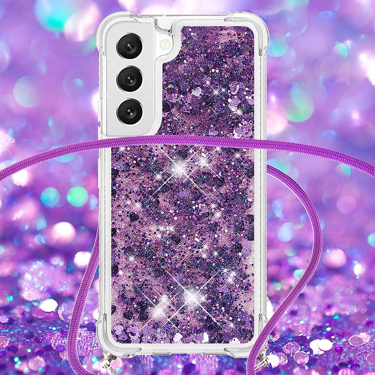 Asuwish Phone Case for Samsung Galaxy S23 Plus S23+ 5G with Screen Protector Crossbody Strap Bling Liquid Glitter Clear Slim Protective Cell Cover S23plus 23S + S 23 23+ SM-S916U 6.6 inch Women Purple