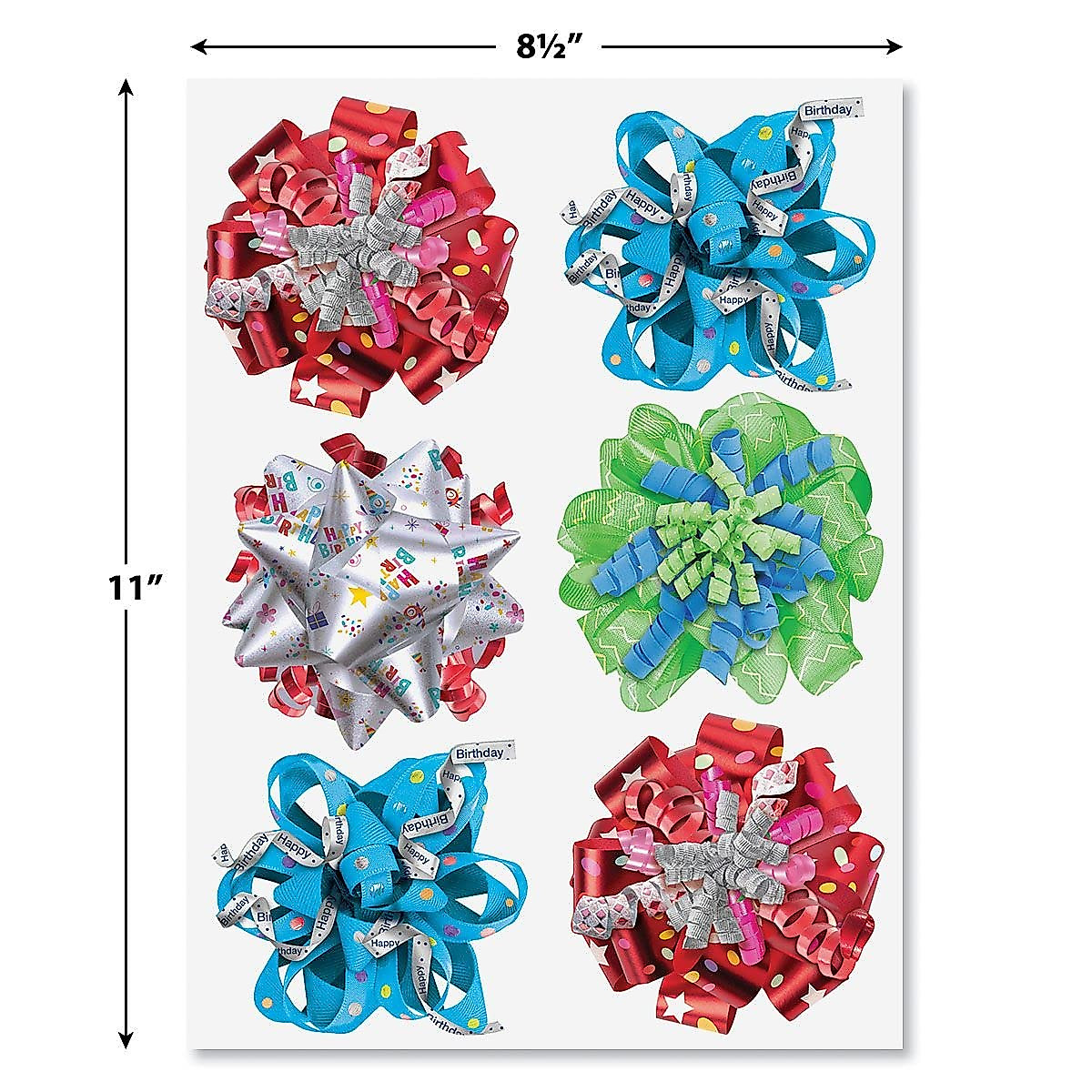 Current Gift Bow Happy Birthday Stickers - Two Sheets of 8-1/2" x 11", 3-5/8" Stickers, 12 Bow Stickers
