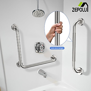 Brushed Nickel Angled Grab Bar 16 Inch, Zepolu Stainless Steel L-Shaped Safety Grab Rail, Bathroom Mobility Aid Handrail, Wall Mounted Balance Support Assist Shower Handle for Senior Elderly Handicap