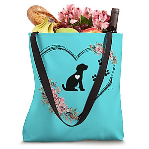 Puppy Heartbeat With Paw Prints And Flowers On Blue Tote Bag