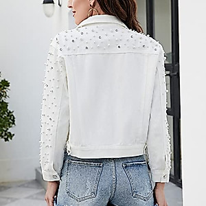 LifeShe Women's Pearls Denim Jacket Cropped Rhinestones Jean Jacket Coat