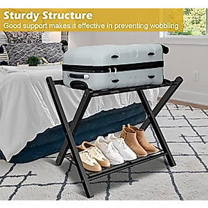 mocomax 1 Pack Folding Luggage Rack for Guest Room, Foldable Suitcase Stand Holder with Metal Storage Shelf for Bedroom, Living Room, Hotel Essentials, Heavy Duty Steel Frame, Black