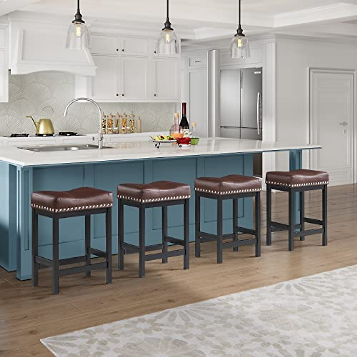 OUllUO Single Bar Stools, 24" Counter Height Bar stools, PU Leather Bar Stools for Kitchen Counter, Modern Metal Base Padded Saddle Barstool with Nailhead Trim Stools for Island,Brown,918BR1