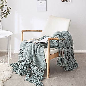 MH MYLUNE HOME Green Knitted Throw Blanket with Tassels (47x71 inch) Farmhouse Boho Blanket Handmade for Bed Sofa Couch