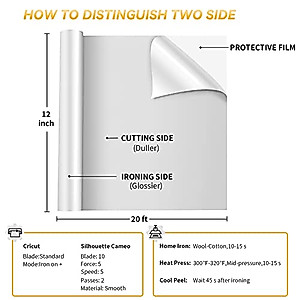 VinylRus Heat Transfer Vinyl-12” x 20ft White Iron on Vinyl Roll for Shirts, HTV Vinyl for Silhouette Cameo, Cricut, Easy to Cut & Weed